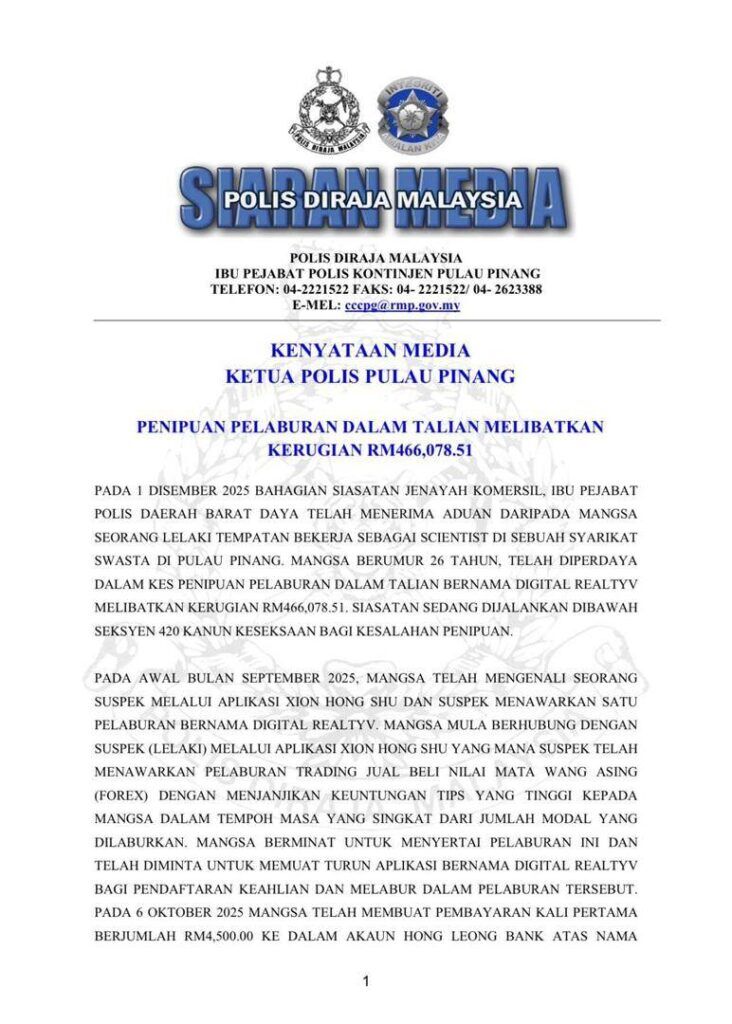 Seorang saintis di Pulau Pinang rugi hampir setengah juta ditipu ...